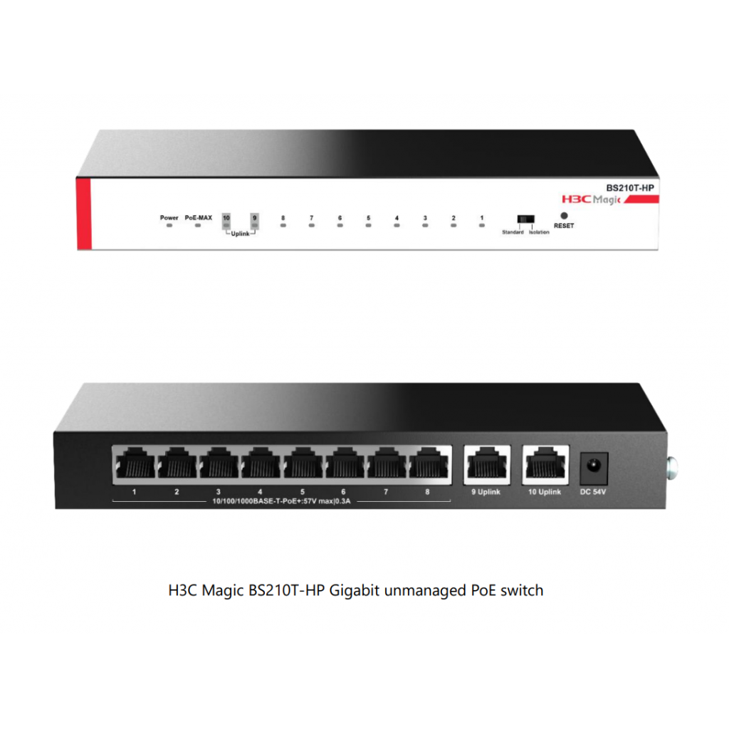 H3C Magic BS210T-HP, 10 Port, GigaBit, 8 Port PoE, 110W, +2 Port GigaBit Uplink, Metal Kasa ...